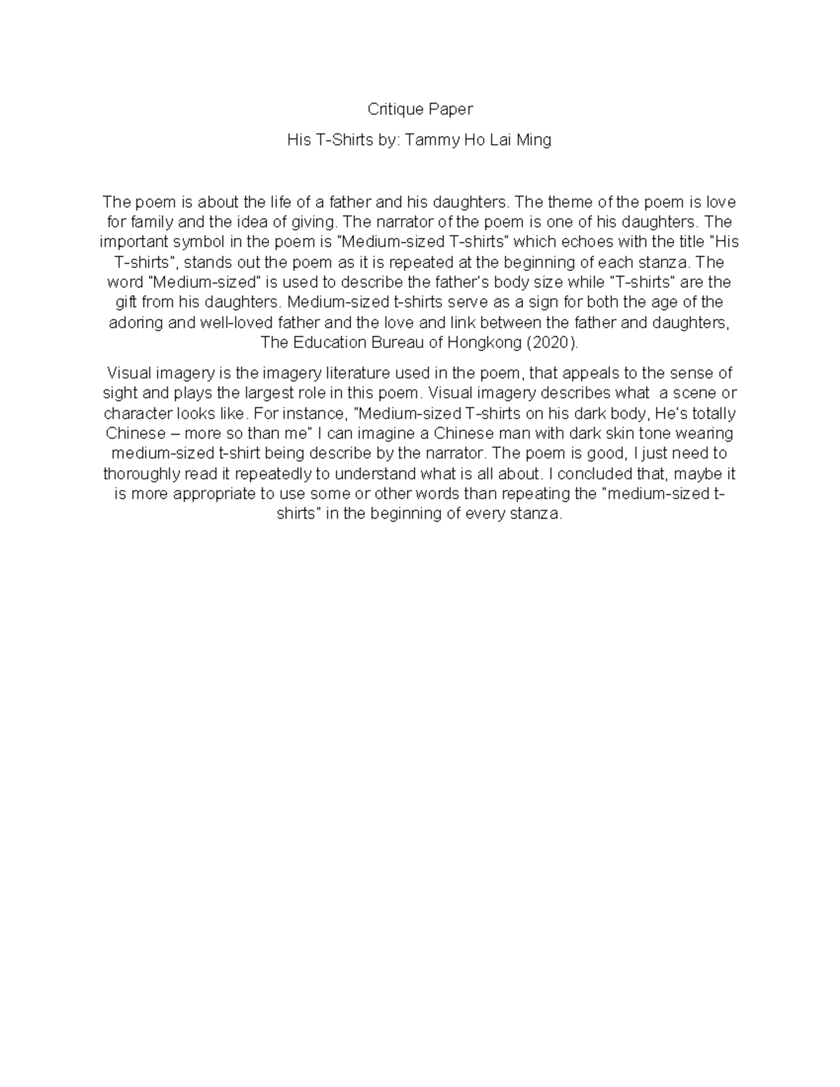 ENG 200 - Critique Paper on "His T-Shirts" by Tammy Ho Lai Ming - Studocu