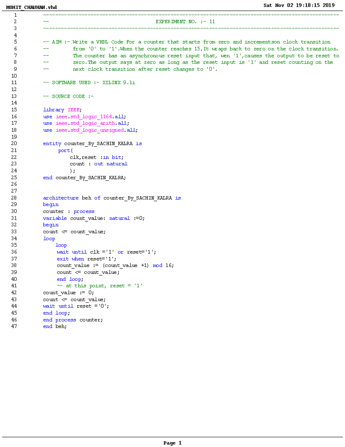 EXP11 - VHDL Code for Counter with Asynchronous Reset - Studocu