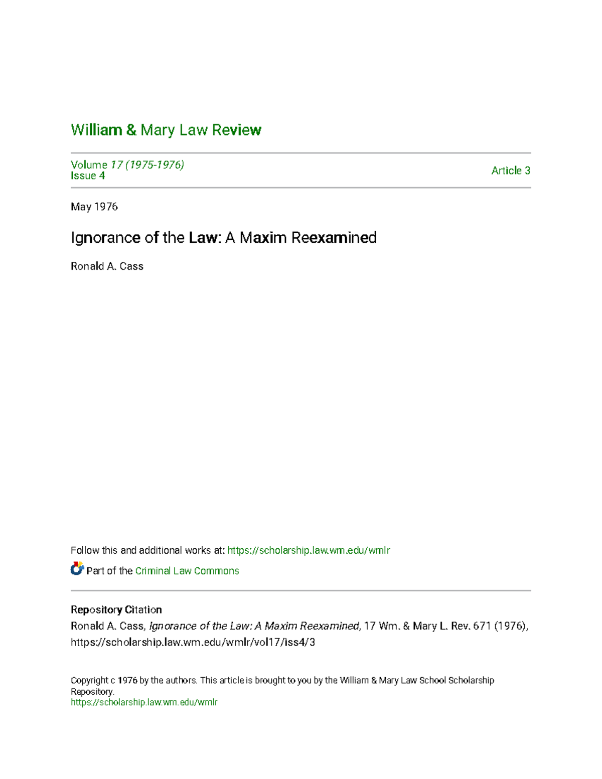 William & Mary Law Review: Ignorance of the Law Reexamined (Vol. 17 ...