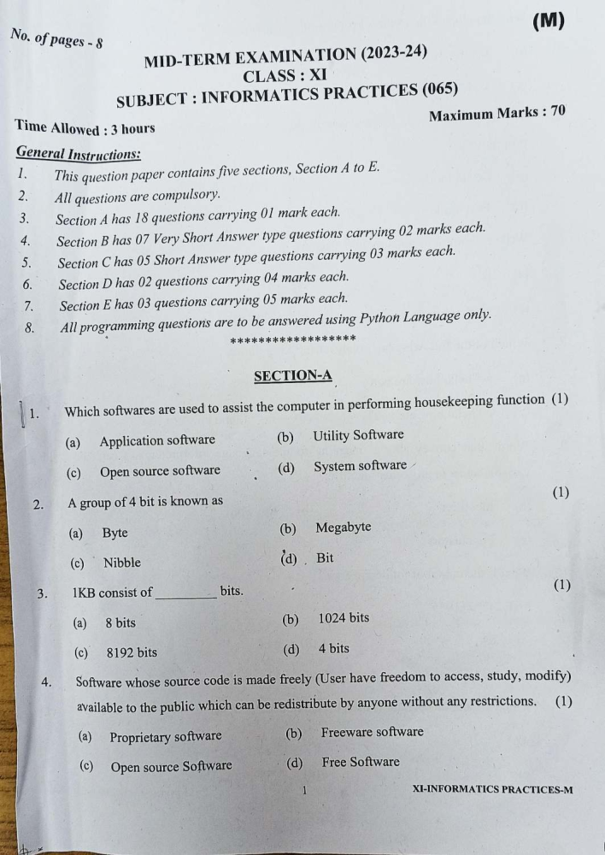 Class 11 IP Midterm Exam (065): Comprehensive Question Paper - Studocu
