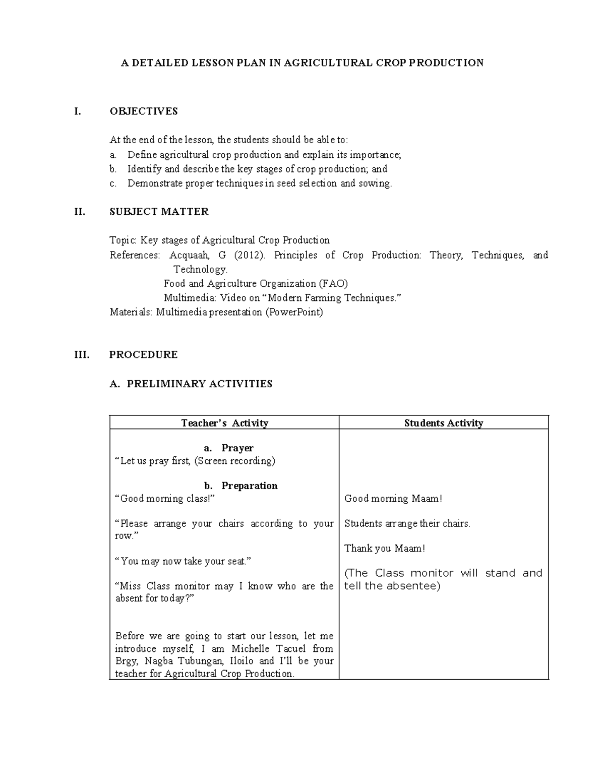 Detailed Lesson Plan: Agricultural Crop Production (AGRI 101) - Studocu