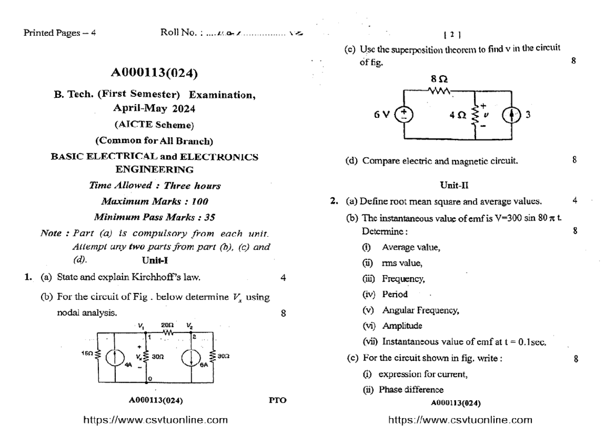 B.Tech 1st Sem Basic Electrical & Electronics Engineering Exam May 2024 - Studocu
