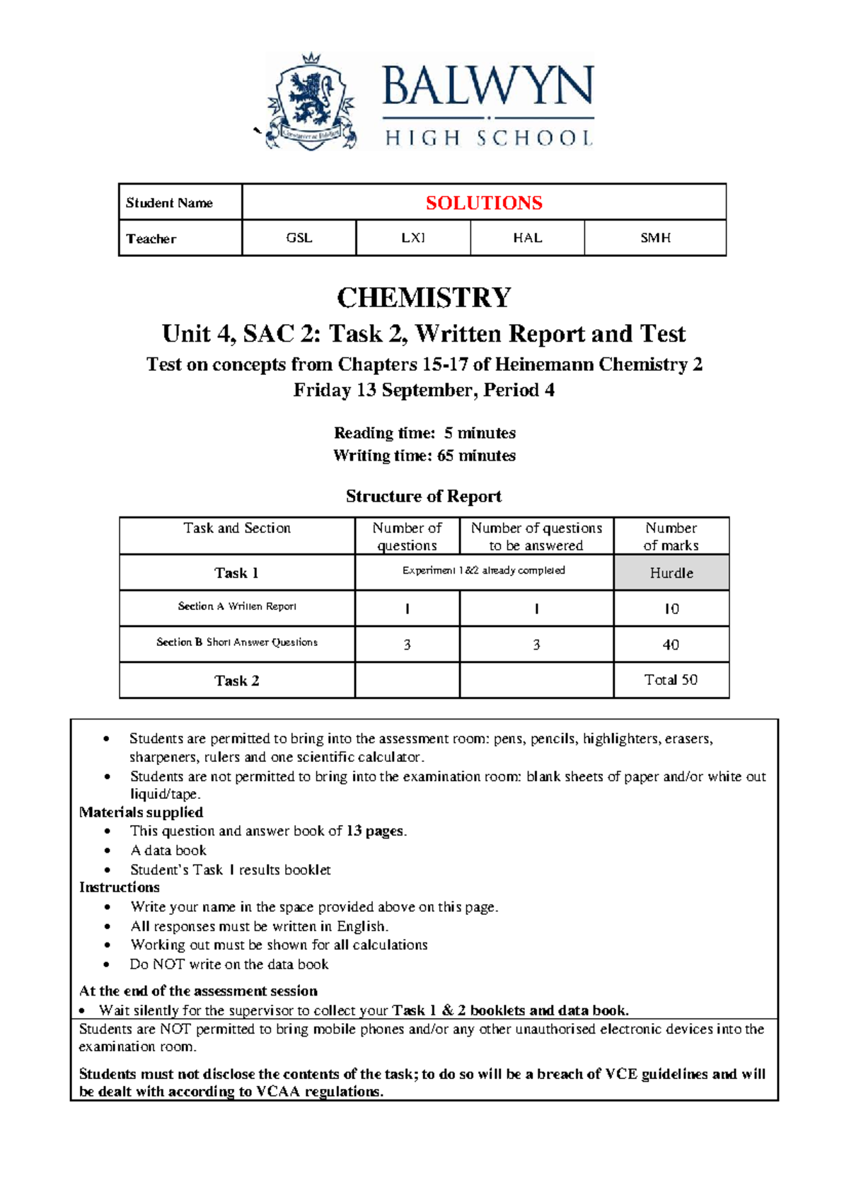 2019 U4 SAC 2 Task 2: Solutions for Chemistry Written Report and Test ...