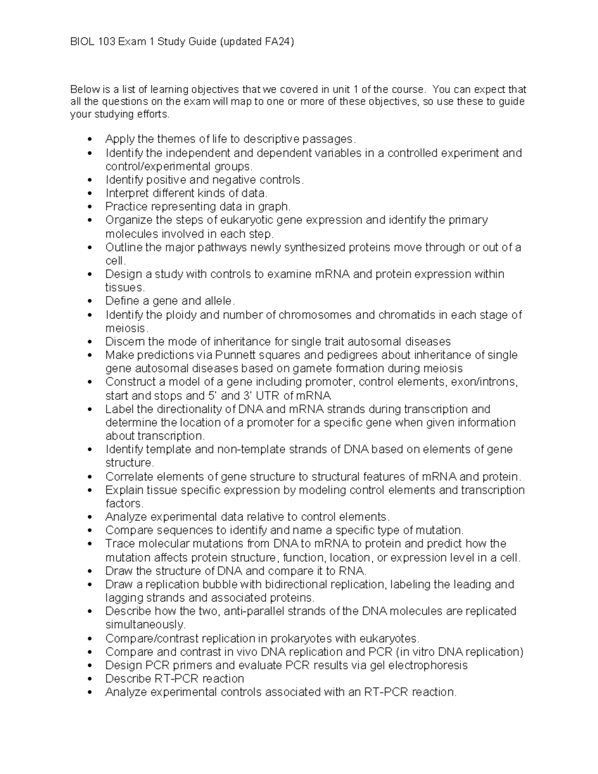 103 Exam 1 study guide - Outline of needed subjects to do well on first Biology exam - BIOL 103 ...