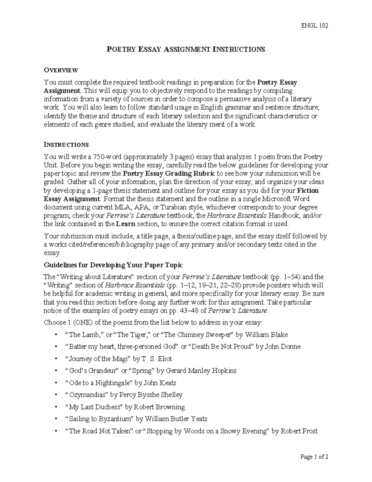 ENGL 102 Poetry Essay Assignment Guidelines and Instructions - Studocu