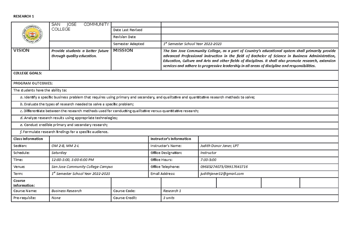 Research 1 - Syllabus for Business Research Course at SJCC - Studocu