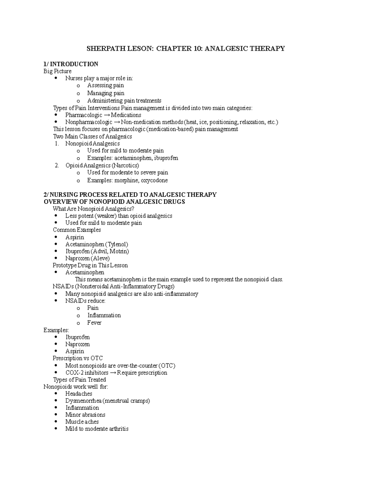 SHERPATH LESSON: CHAPTER 10 - ANALGESIC THERAPY OVERVIEW - Studocu