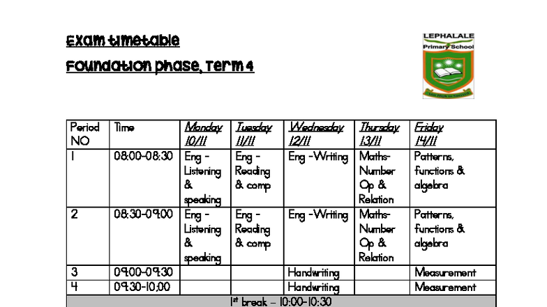 Exam Timetable Foundation Phase Term 4 - Dates - Studocu