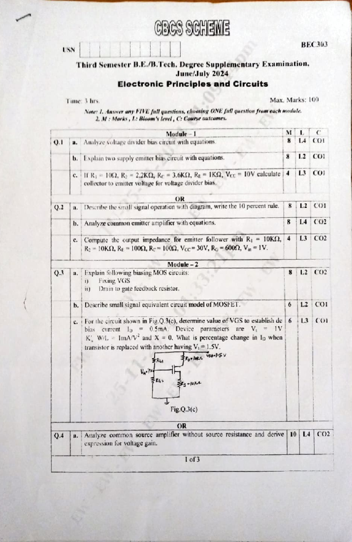 EPC 3rd Sem Supplementary Exam Question Paper - Electronic Circuits ...
