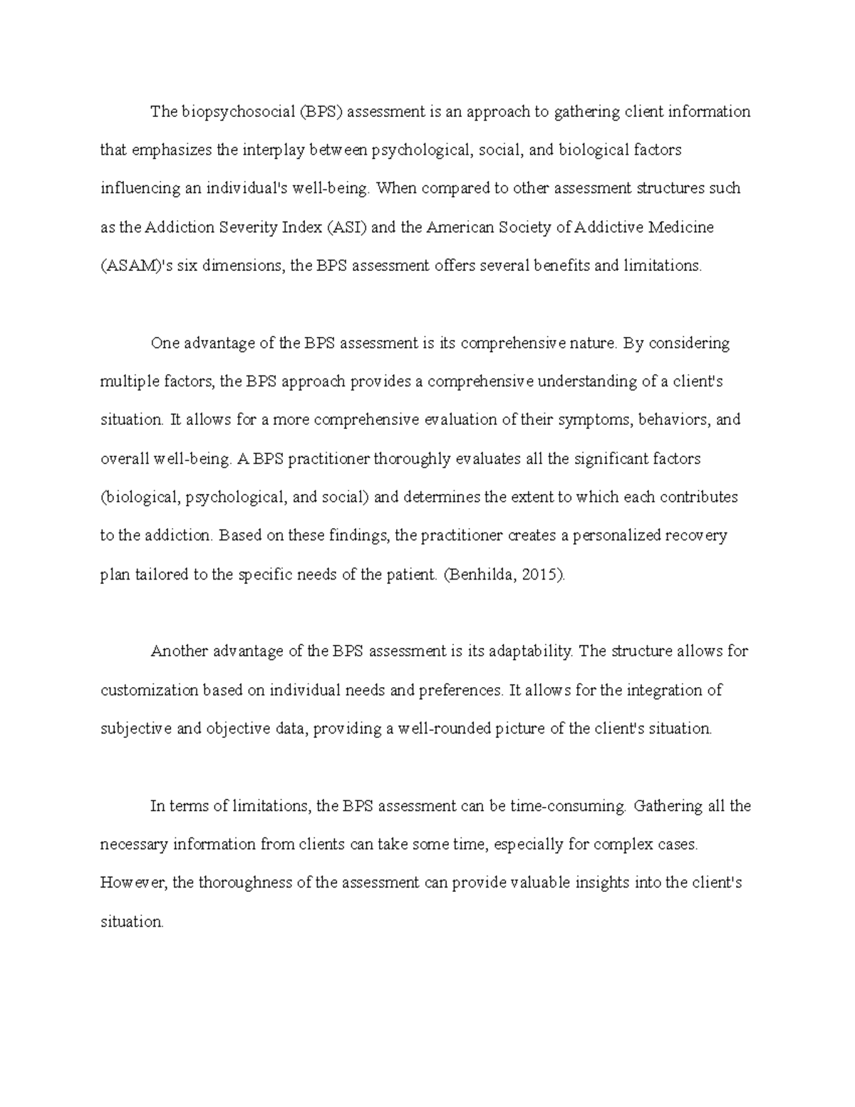 HSE 350 Week 2 Discussion: Benefits & Limitations of BPS Assessment ...