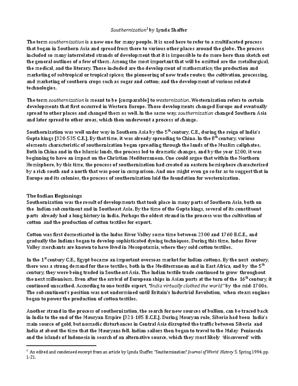 Southernization: A Historical Overview by Lynda Shaffer - Studocu