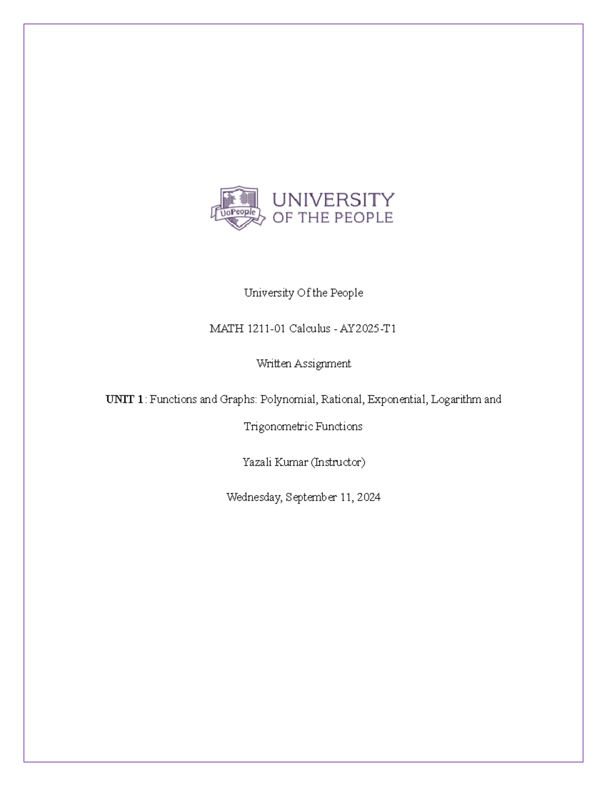 MATH 1211-01 Calculus Written Assignment: Functions & Graphs Unit 1 - Studocu