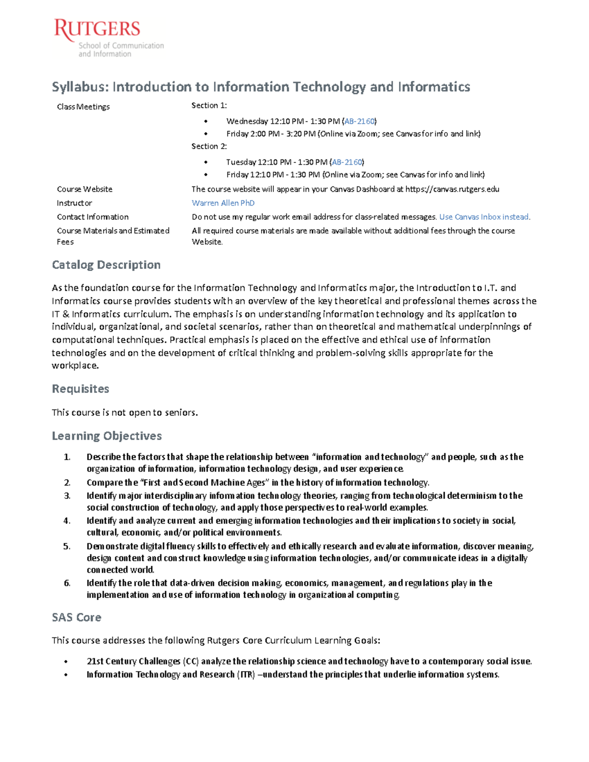 189 103 Intro. to IT and Informatics - Warren Allen - Syllabus: Introduction to Information ...