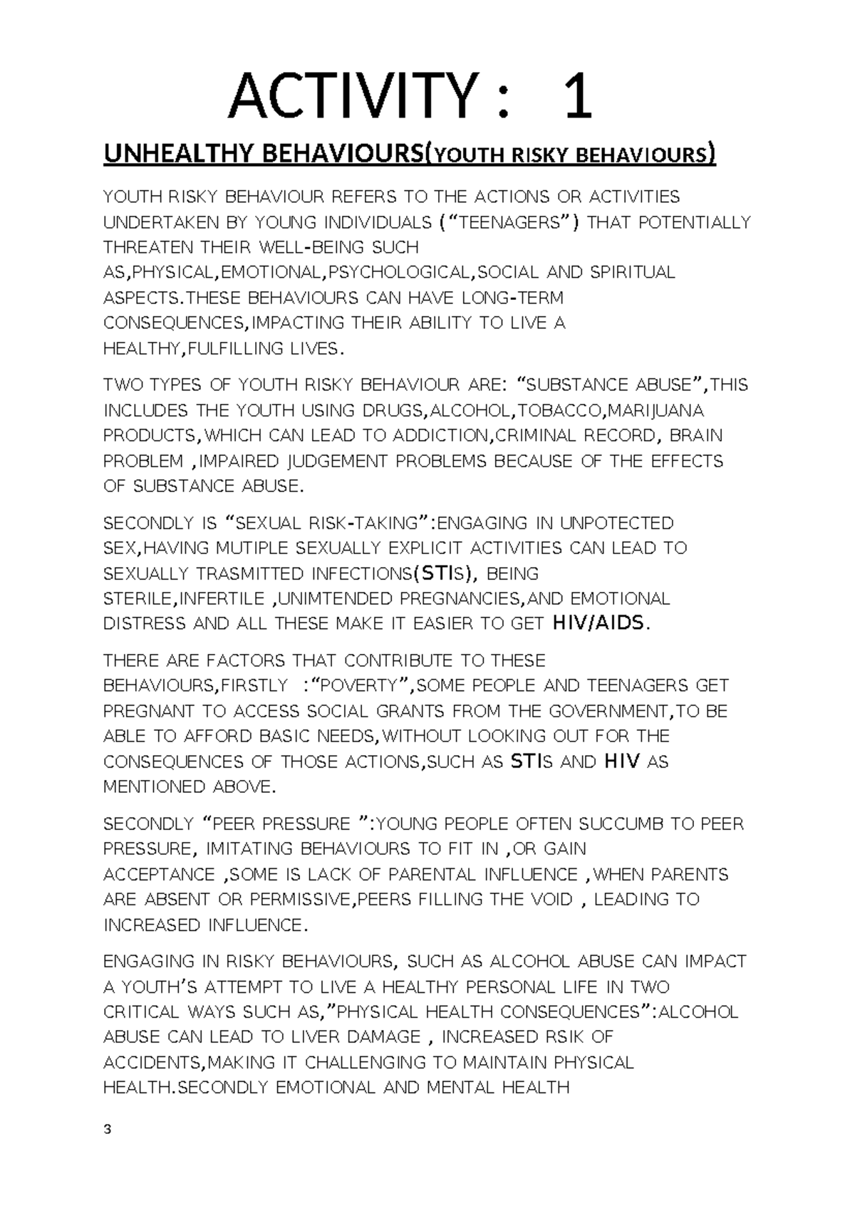 Grade 11 LO: Notes on Youth Risky Behaviours & Their Consequences - Studocu