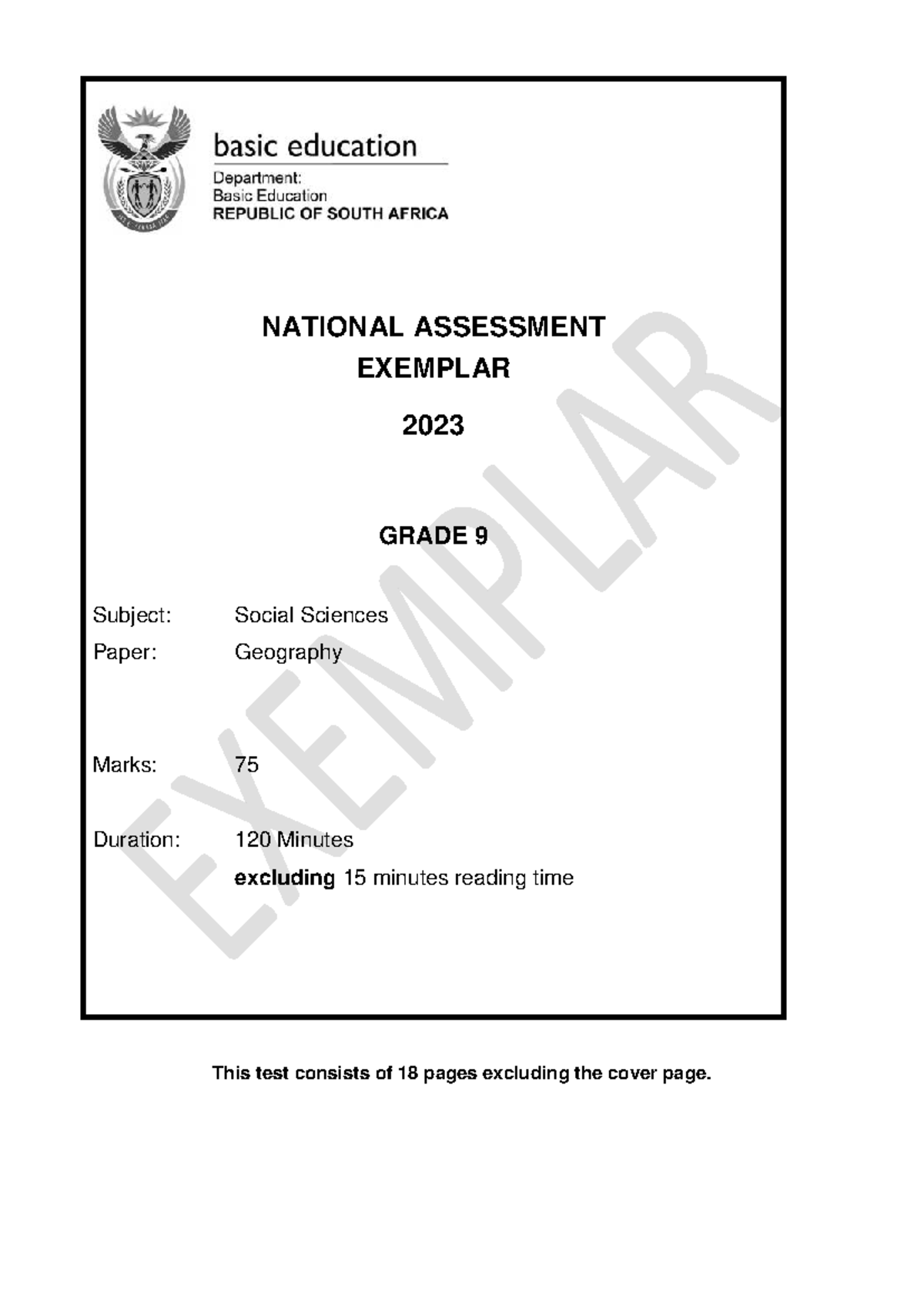 Grade 9 Social Sciences Geography National Assessment Exemplar 2023 ...