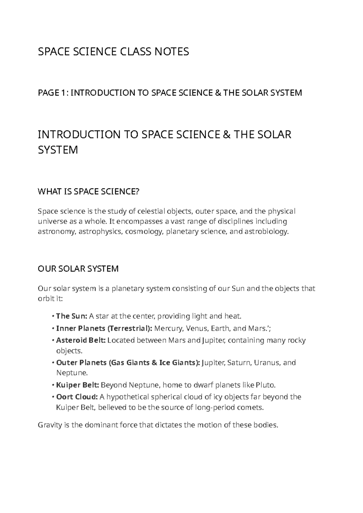 SPACE SCIENCE CLASS NOTES: INTRO TO SOLAR SYSTEM & STARS - Studocu