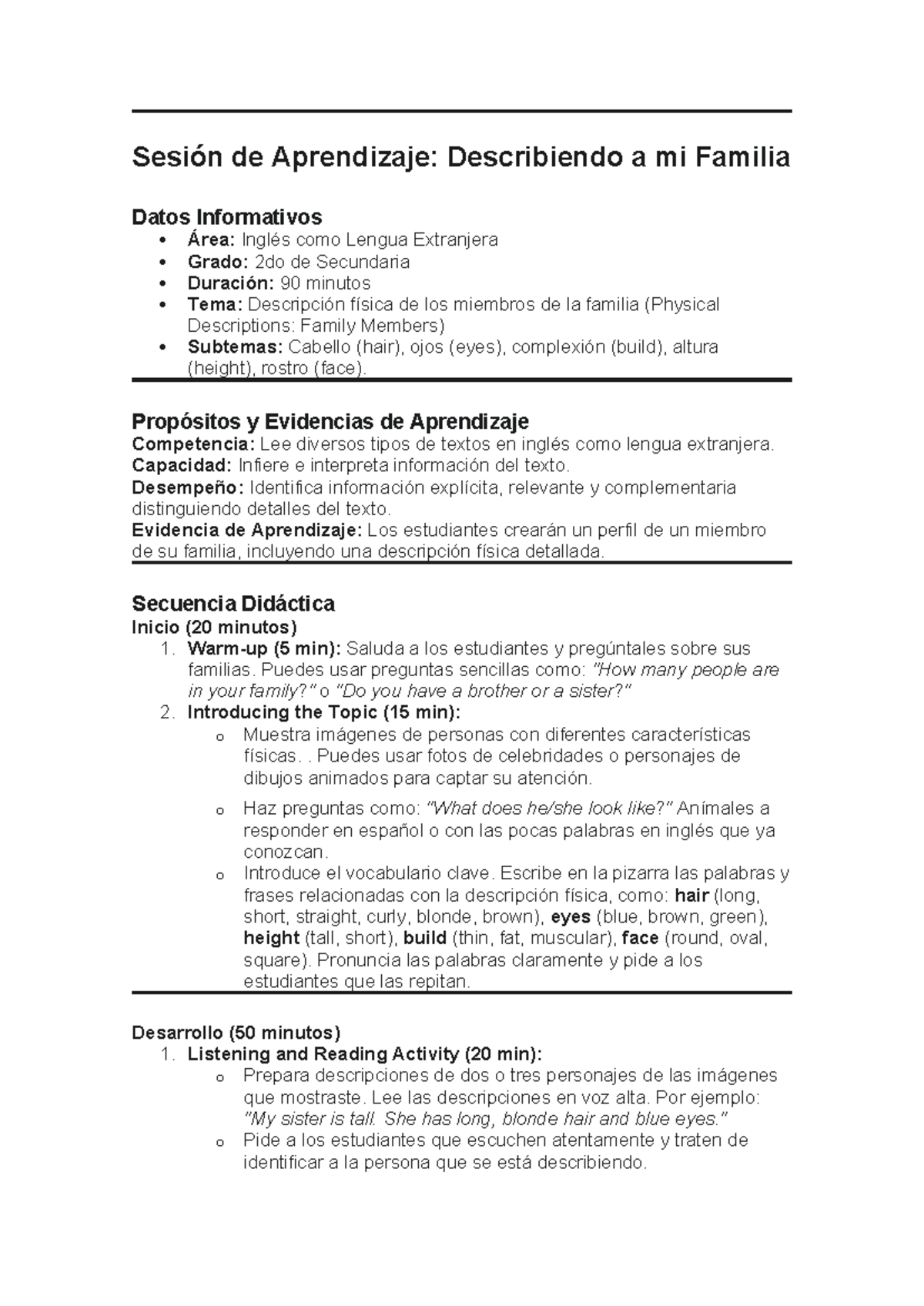 Sesión de Aprendizaje 3: Descripción Física de la Familia - 2do Sec ...