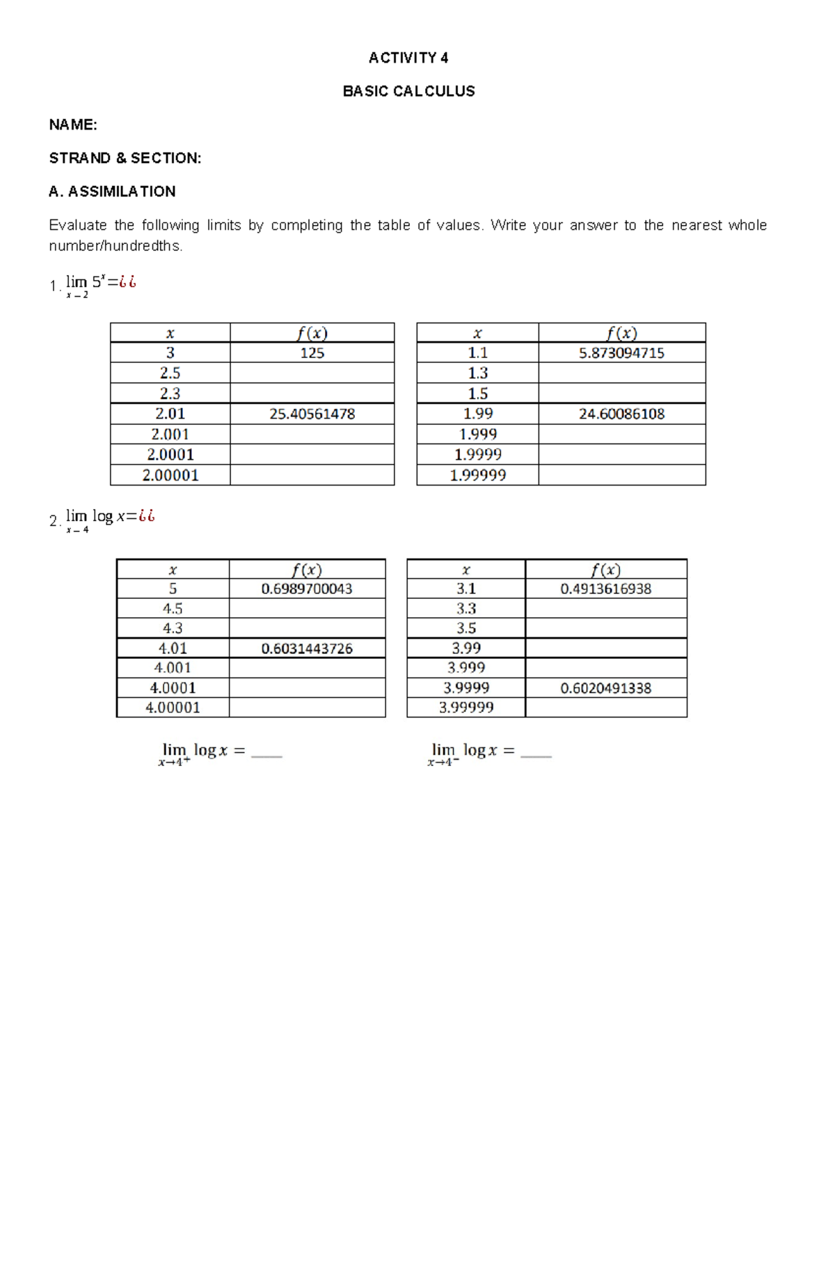 Activity 4 - Basic Calculus - Bachelor of Secondary Education ...