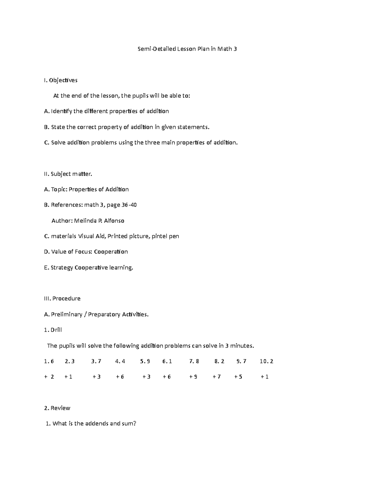 Math 3 Semi-Detailed Lesson Plan: Properties of Addition - Studocu