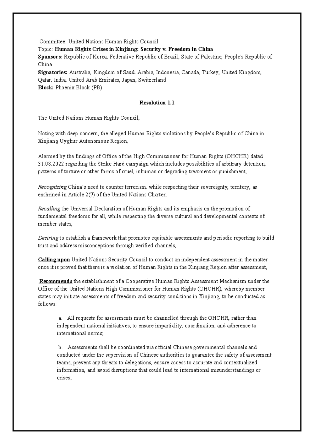 MUN Working Paper: Draft Resolution on Human Rights in Xinjiang - Studocu