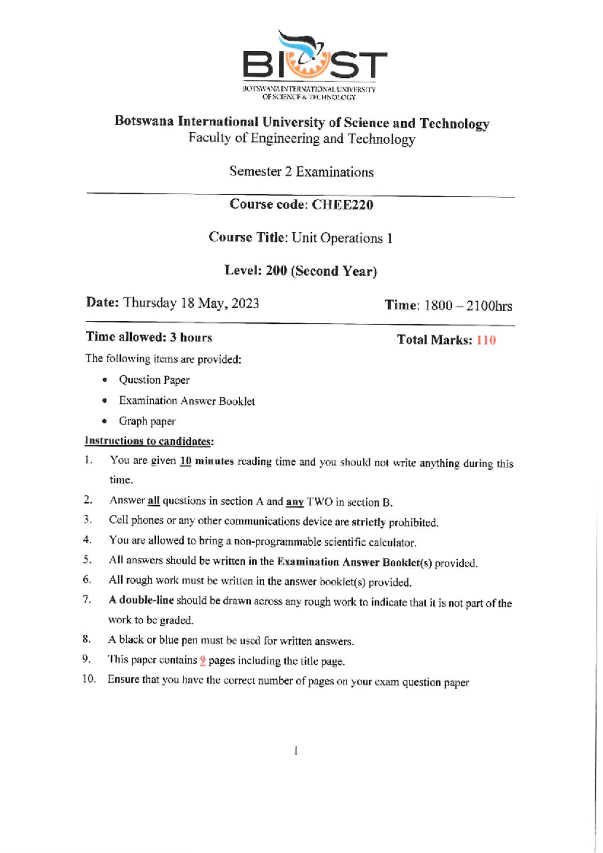 CHEE220 Unit Operations 1 Final Exam May 2023 - Exam Paper - Studocu