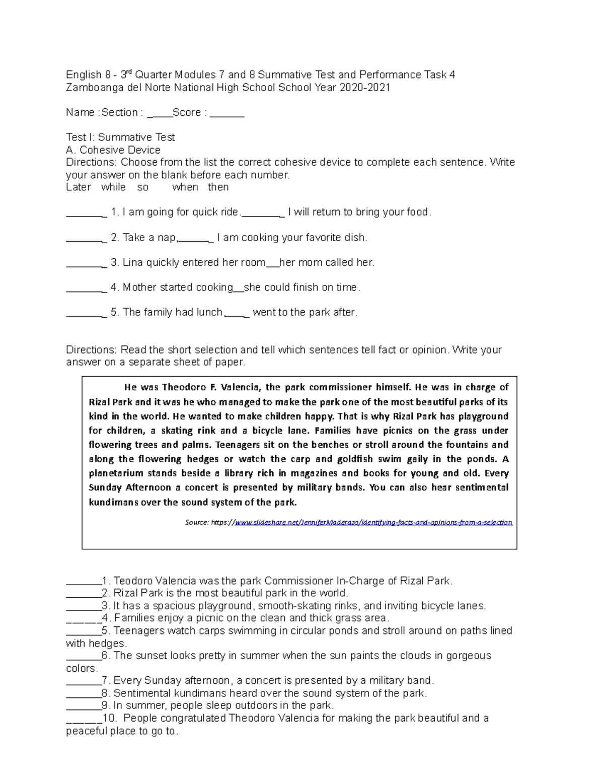 English 8 Q3 Summative Test: Modules 7 & 8 with Performance Task 4 ...
