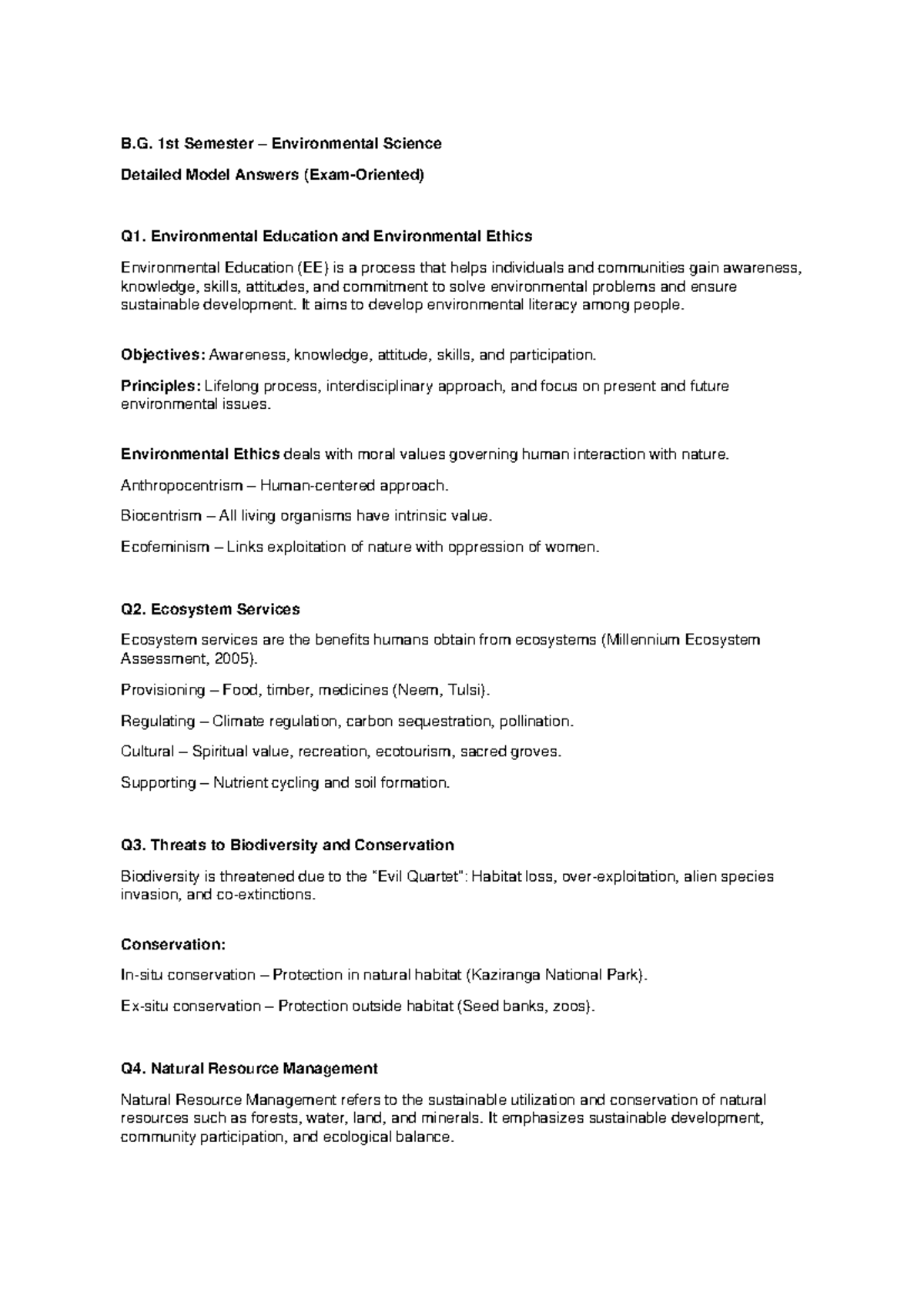 BG 1st Sem Environmental Science Model Answers: Key Concepts & Issues ...