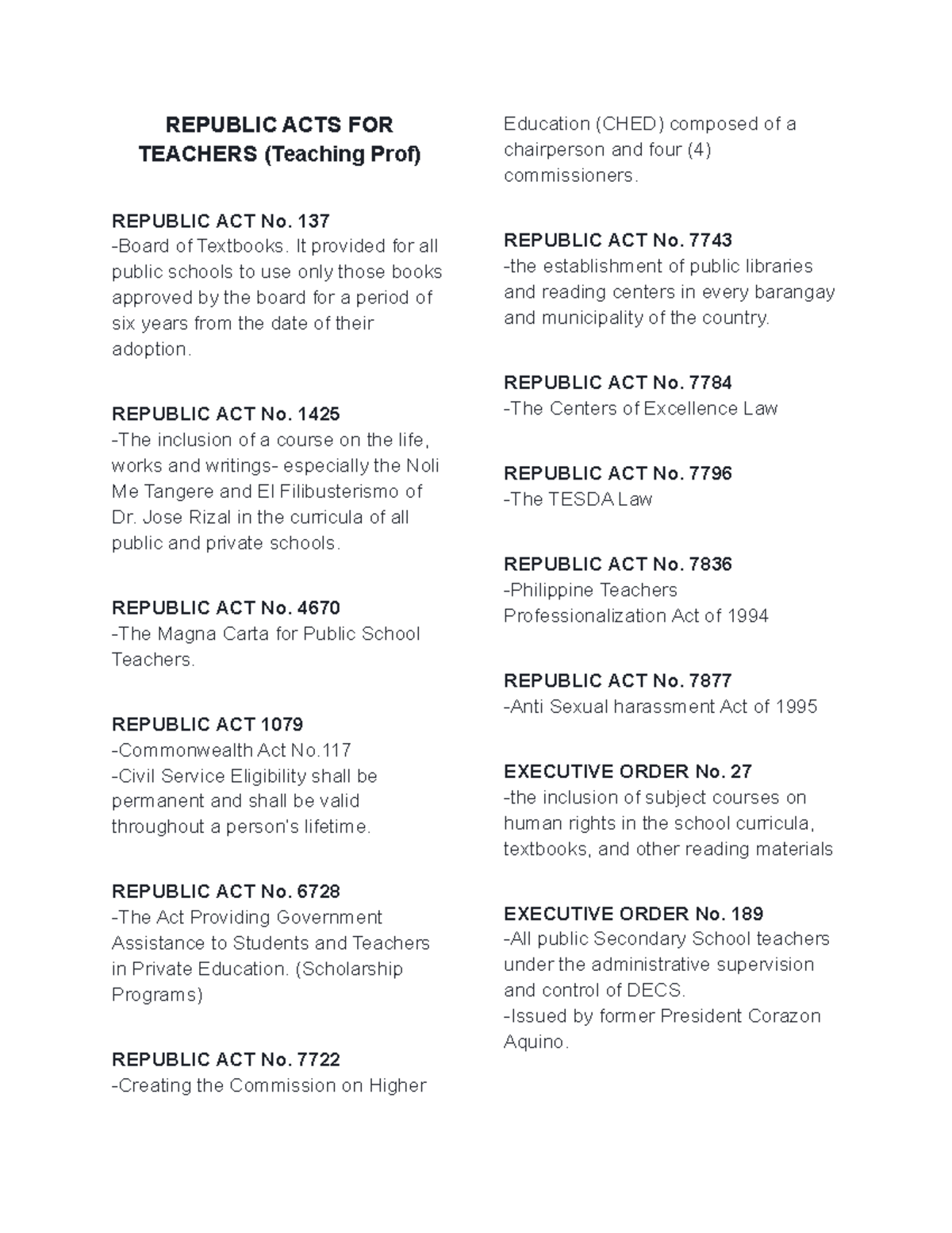 PROF-ED Reviewer LET - Key Republic Acts for Teachers - Studocu
