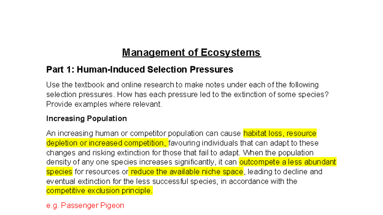 Management of Ecosystems: Selection Pressures and Biodiversity Impacts ...