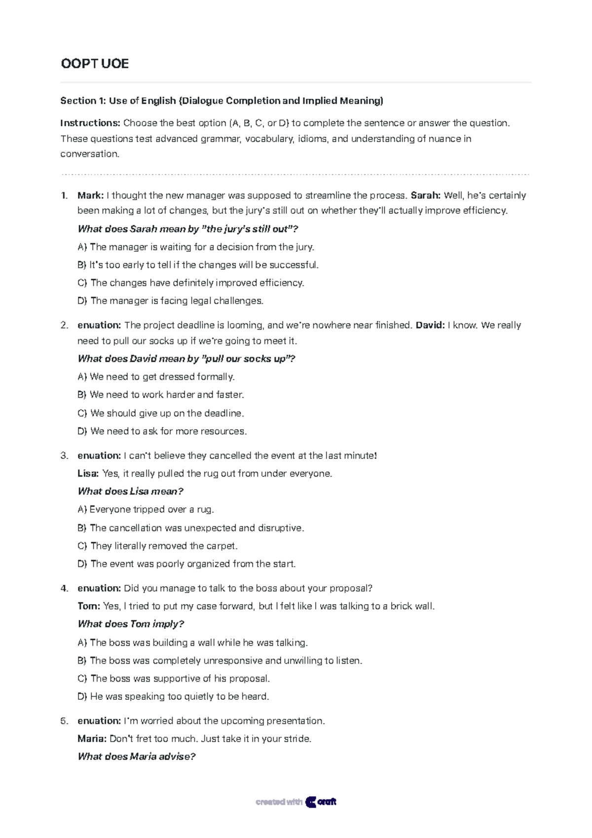 OOPT UOE Section 1: Advanced English Dialogue Completion Practice - Studocu