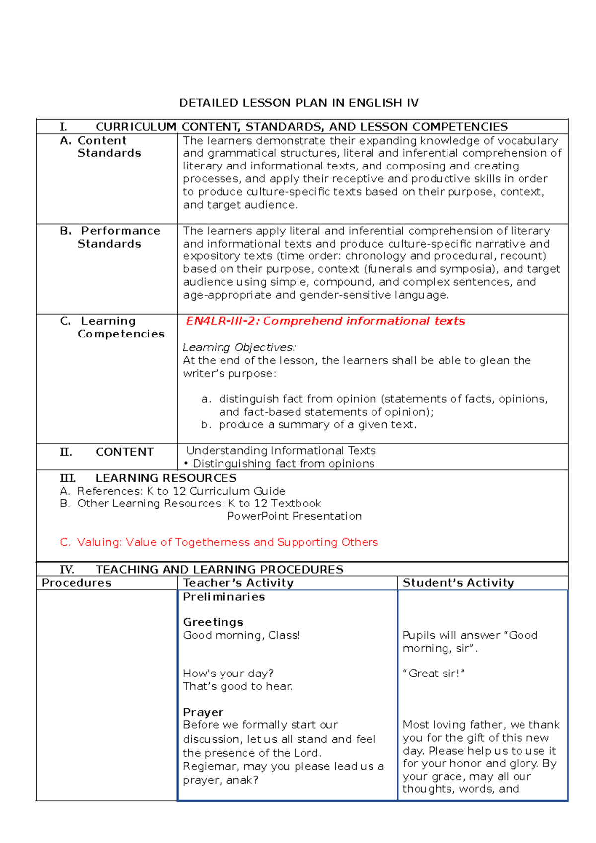 English IV DLP: Lesson Plan on Facts vs. Opinions - Studocu