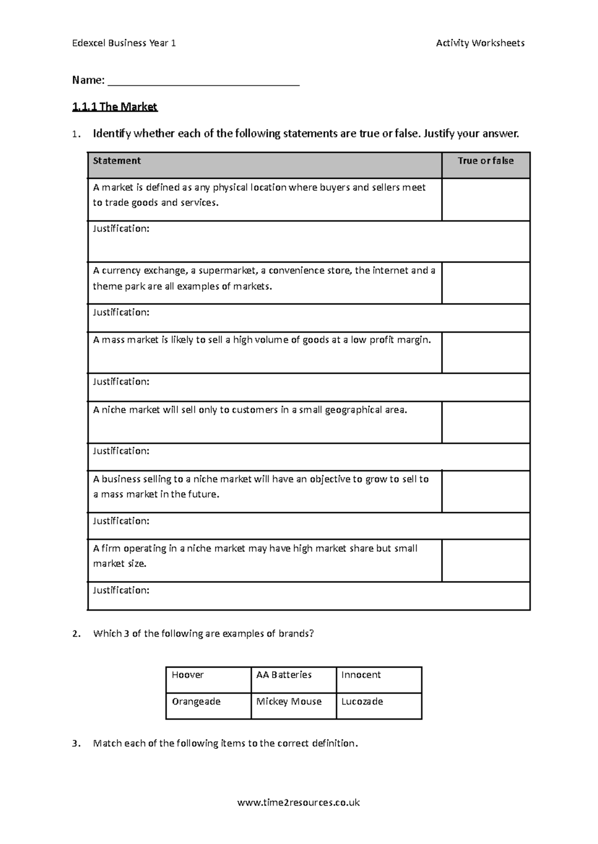 1.1.1 The Market Worksheet - Edexcel Business Year 1 Activities - Studocu