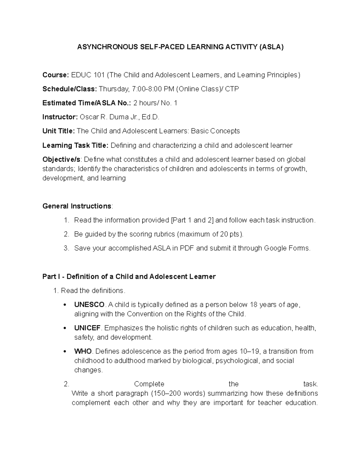 Defining Child and Adolescent Learners: Insights for EDUC 101 ASLA ...