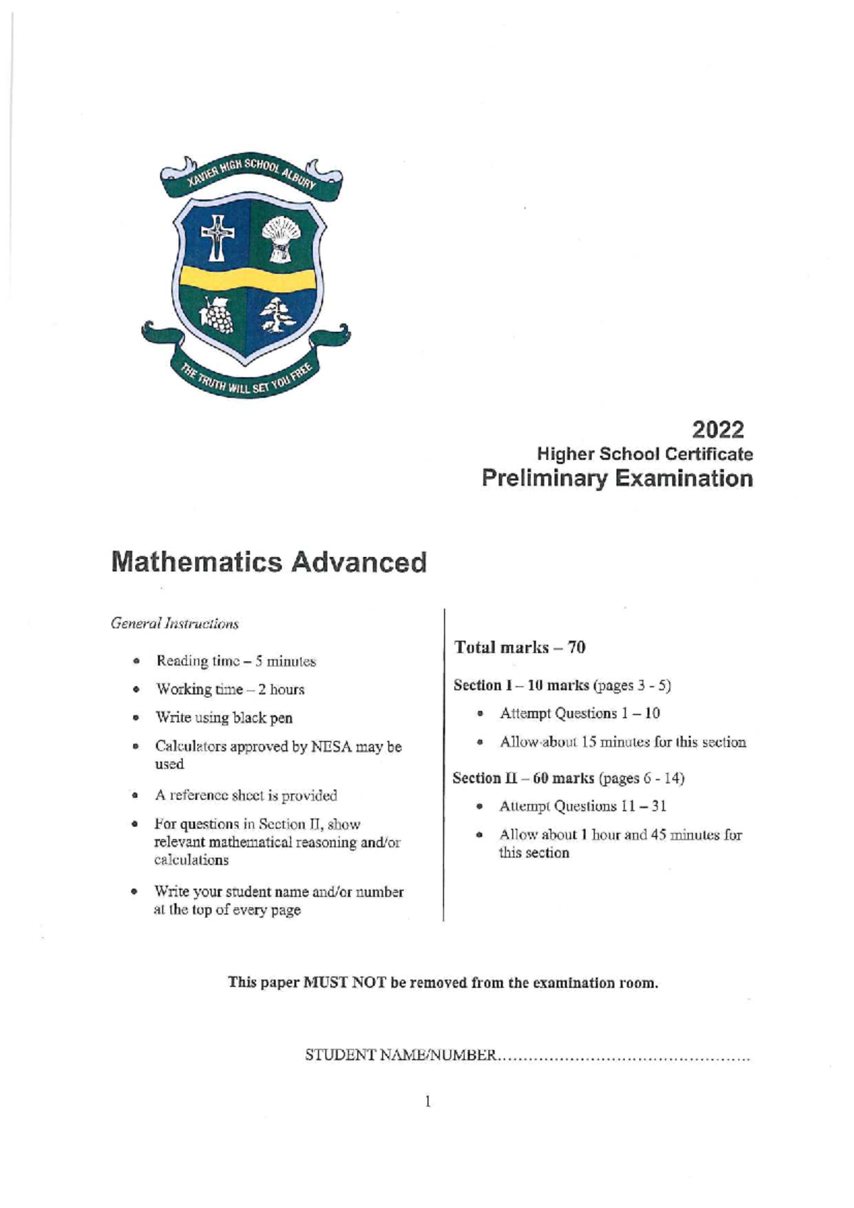 2022 HSC Preliminary Mathematics Advanced Exam Paper - Studocu