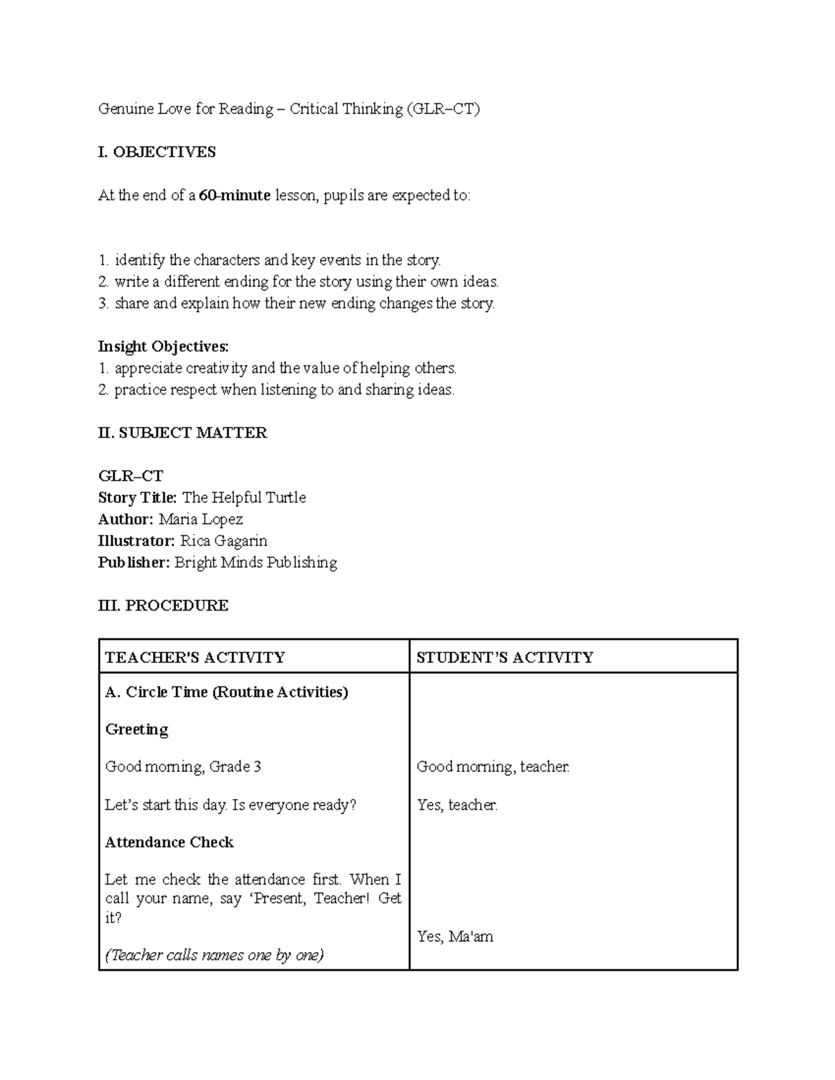 English 3 Detailed Lesson Plan: The Helpful Turtle Story Activities ...
