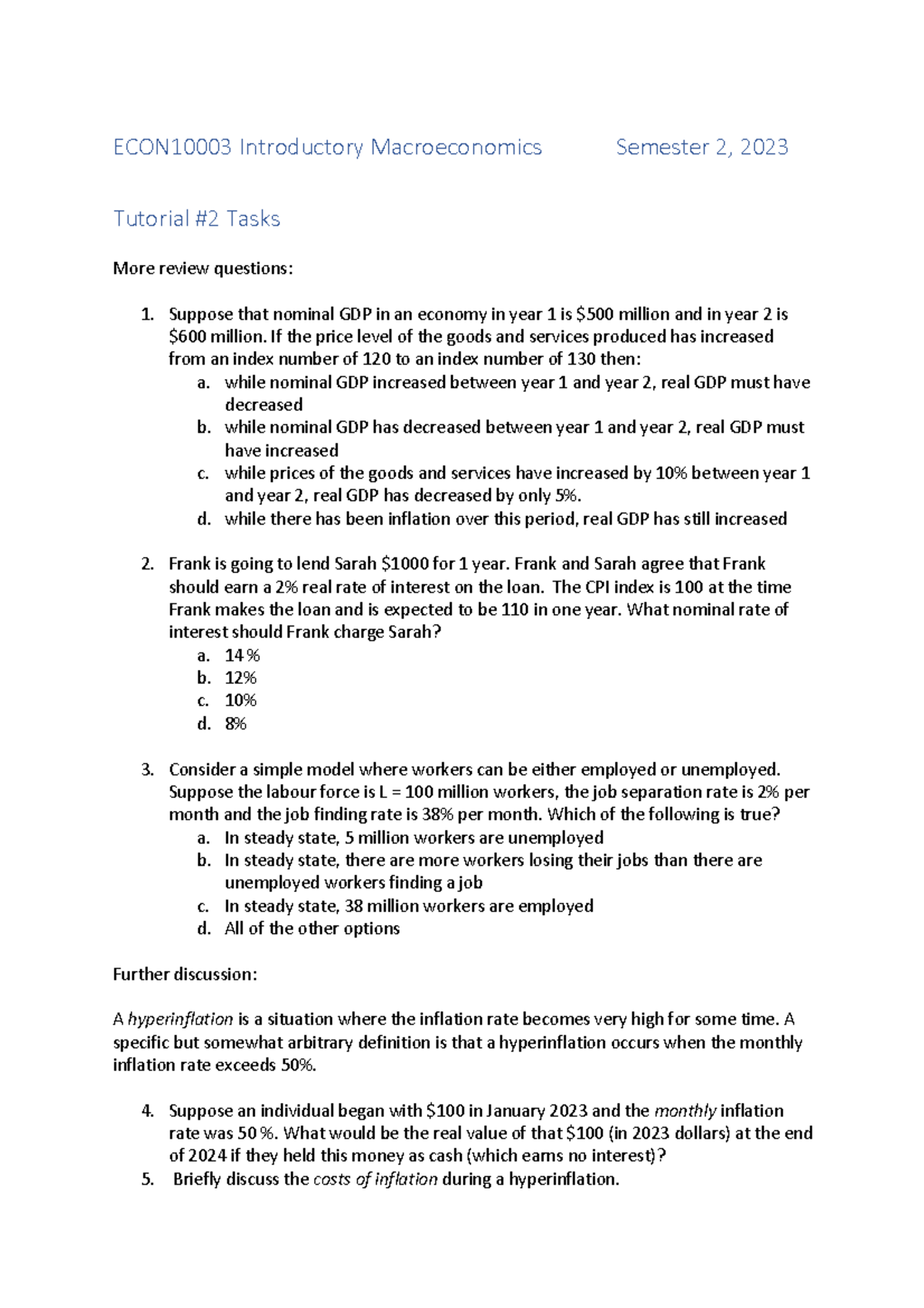 ECON10003 Tutorial 2 Tasks: Macroeconomic Concepts & Questions - Studocu