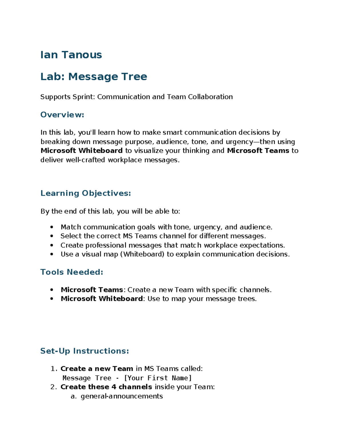 Teams Lab: Message Tree Communication & Collaboration Overview - Studocu