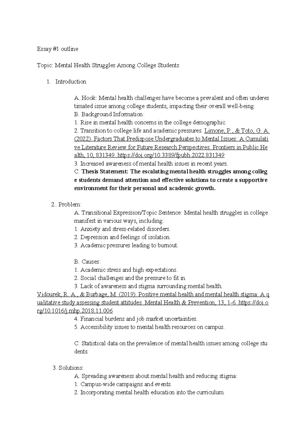 Essay #1 Outline: Mental Health Challenges in College Students - Studocu