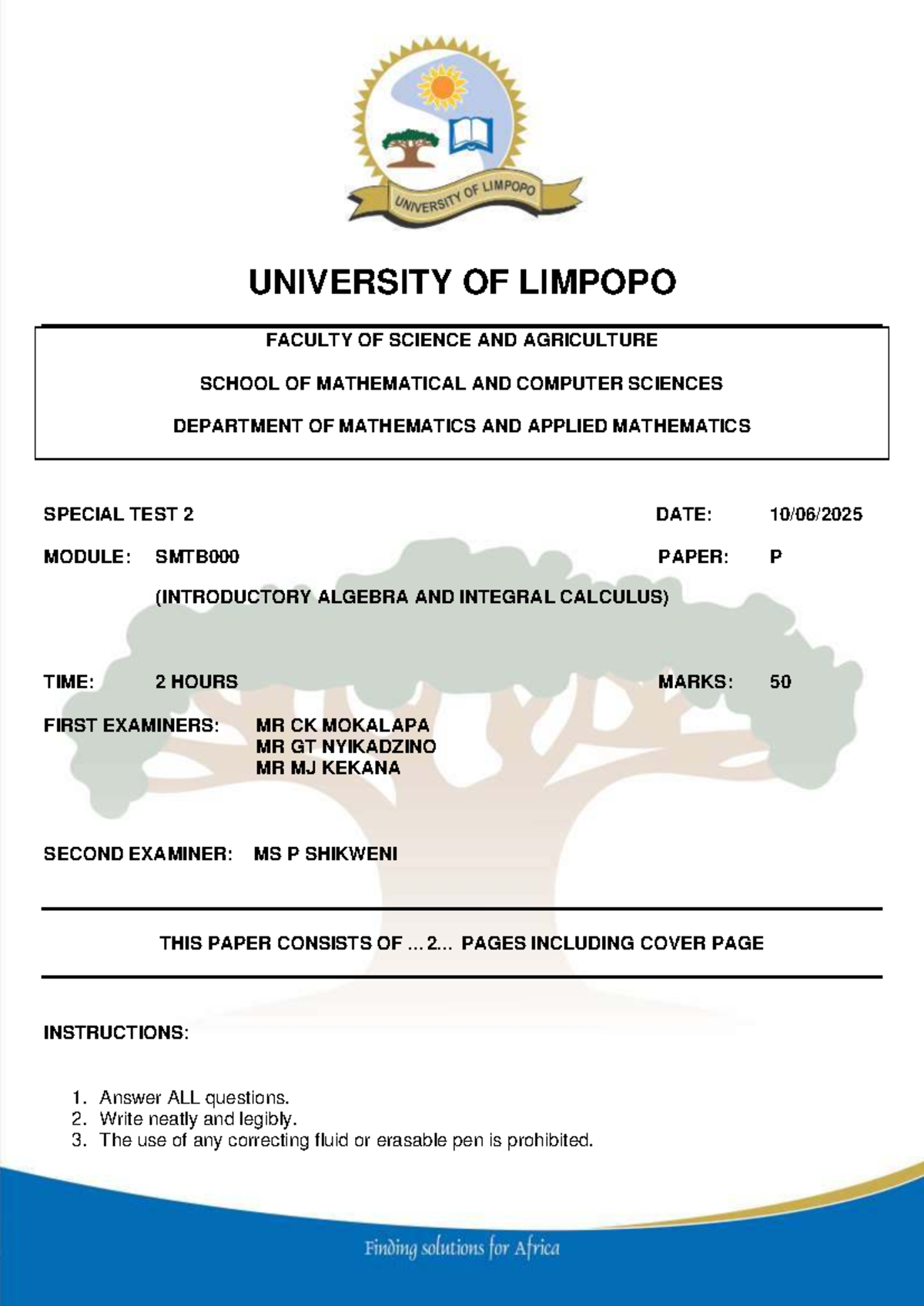 Special Test 2 - SMTB000: Introductory Algebra & Integral Calculus ...