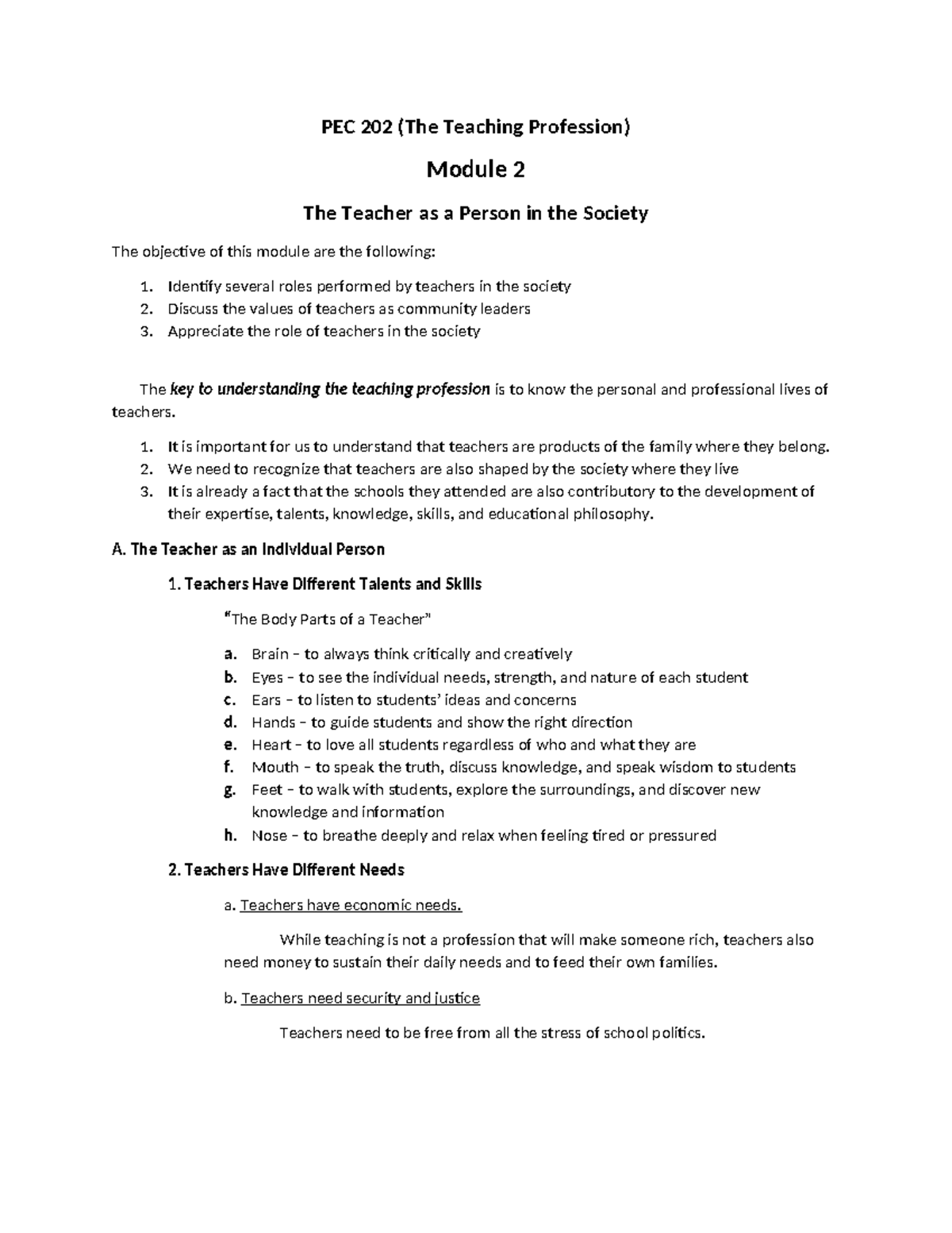 PEC 202 Lecture Notes: The Teacher's Societal Roles and Values - Studocu