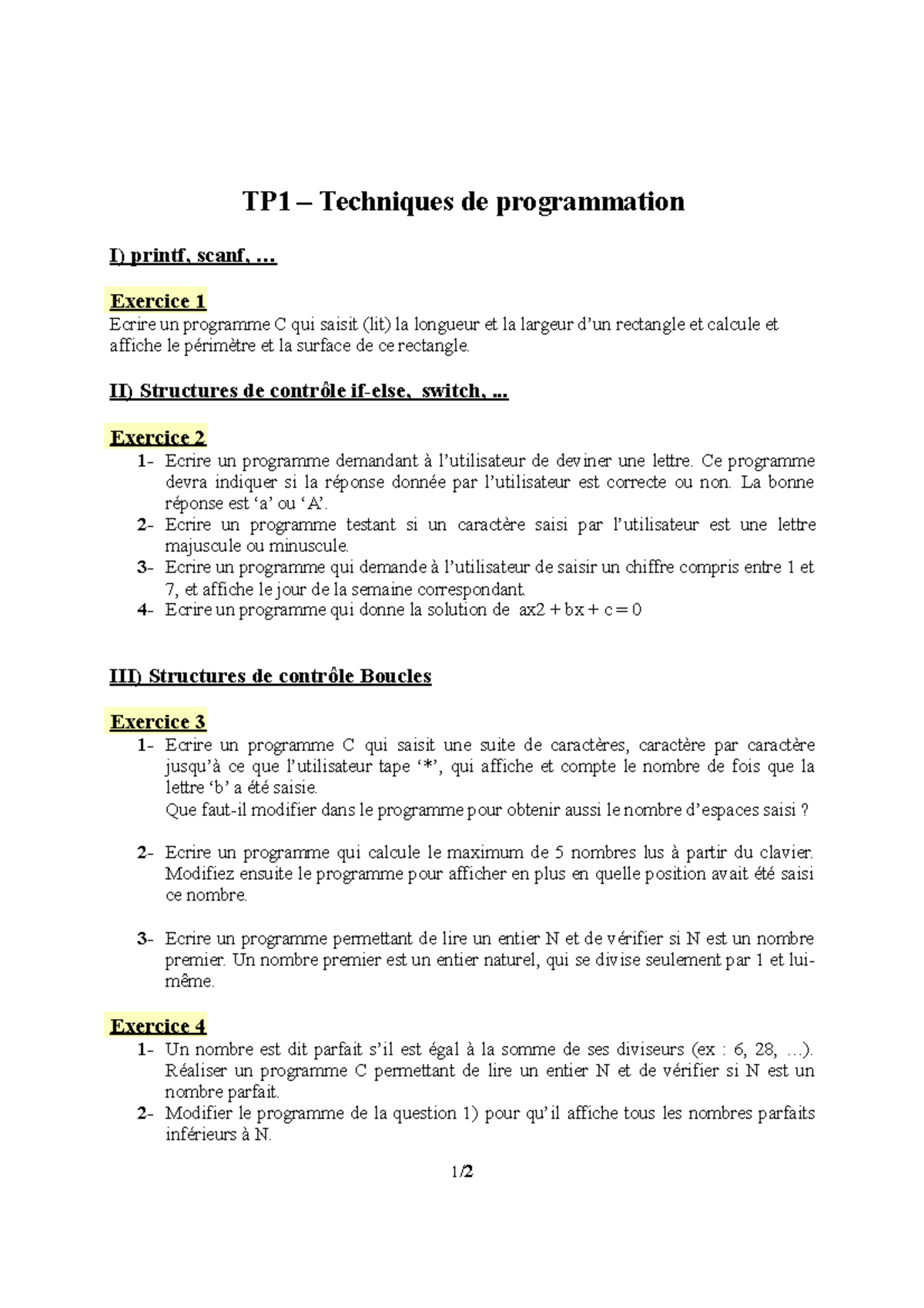 TP 1 - this is an exercises in C programming - 1 / TP1 – Techniques de programmation I) printf ...