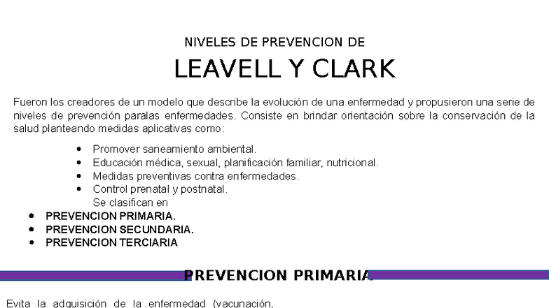 NIVELES DE PREVENCIÓN DE LEAVELL Y CLARK EN SALUD PÚBLICA - Studocu