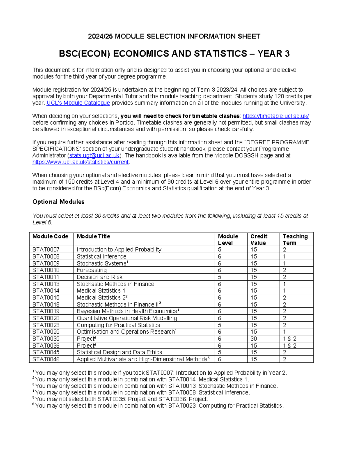 BSc(Econ) Year 3 Module Selection Guidelines for 2024/25 - Studocu
