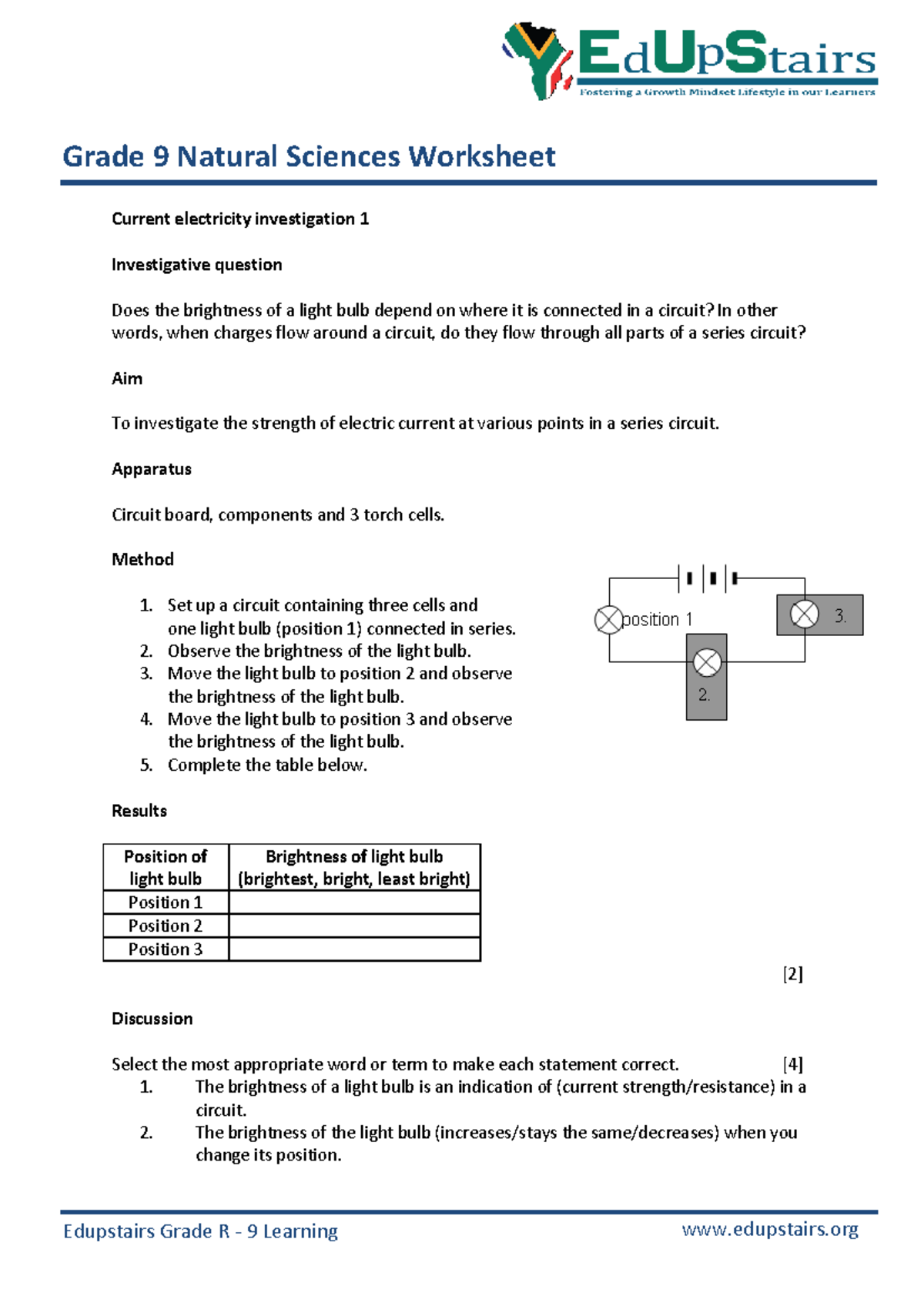 Grade 9 Natural Sciences: Current Electricity Investigation Worksheet ...