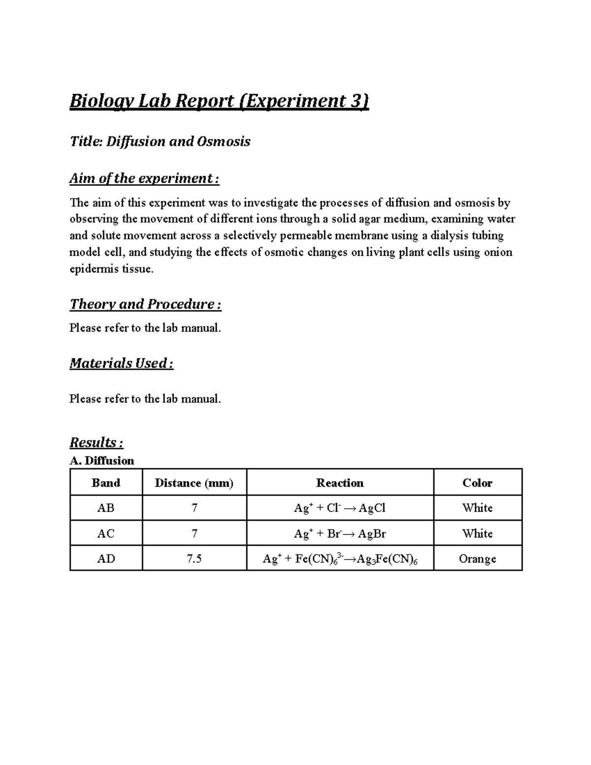 Biology Lab Report (Experiment 3): Investigating Diffusion & Osmosis ...