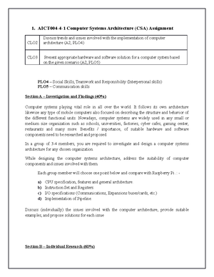 CSA Assignment Question - AICT004-4-1 Computer Systems Architecture (CSA) Assignment CLO Work as ...
