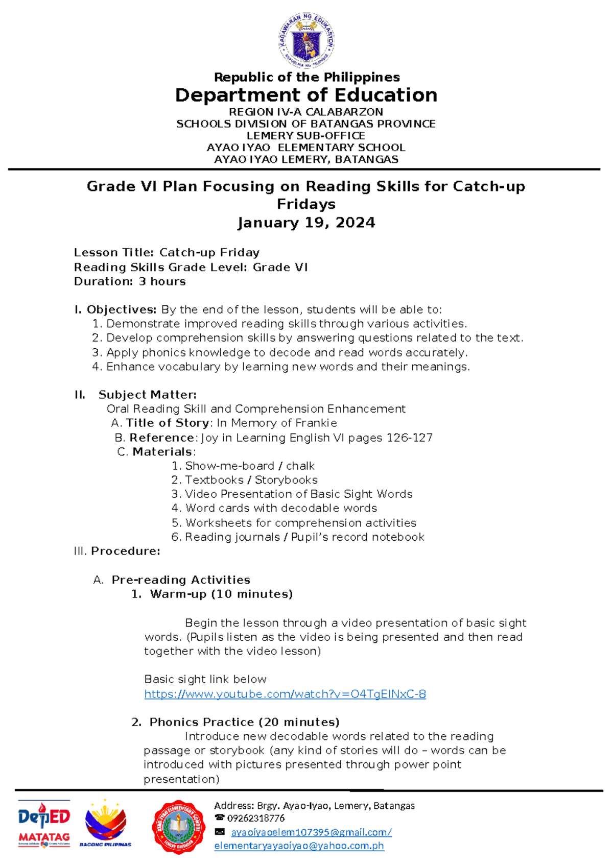 Grade 6 Reading Skills Lesson Plan for Catch-up Friday - Studocu