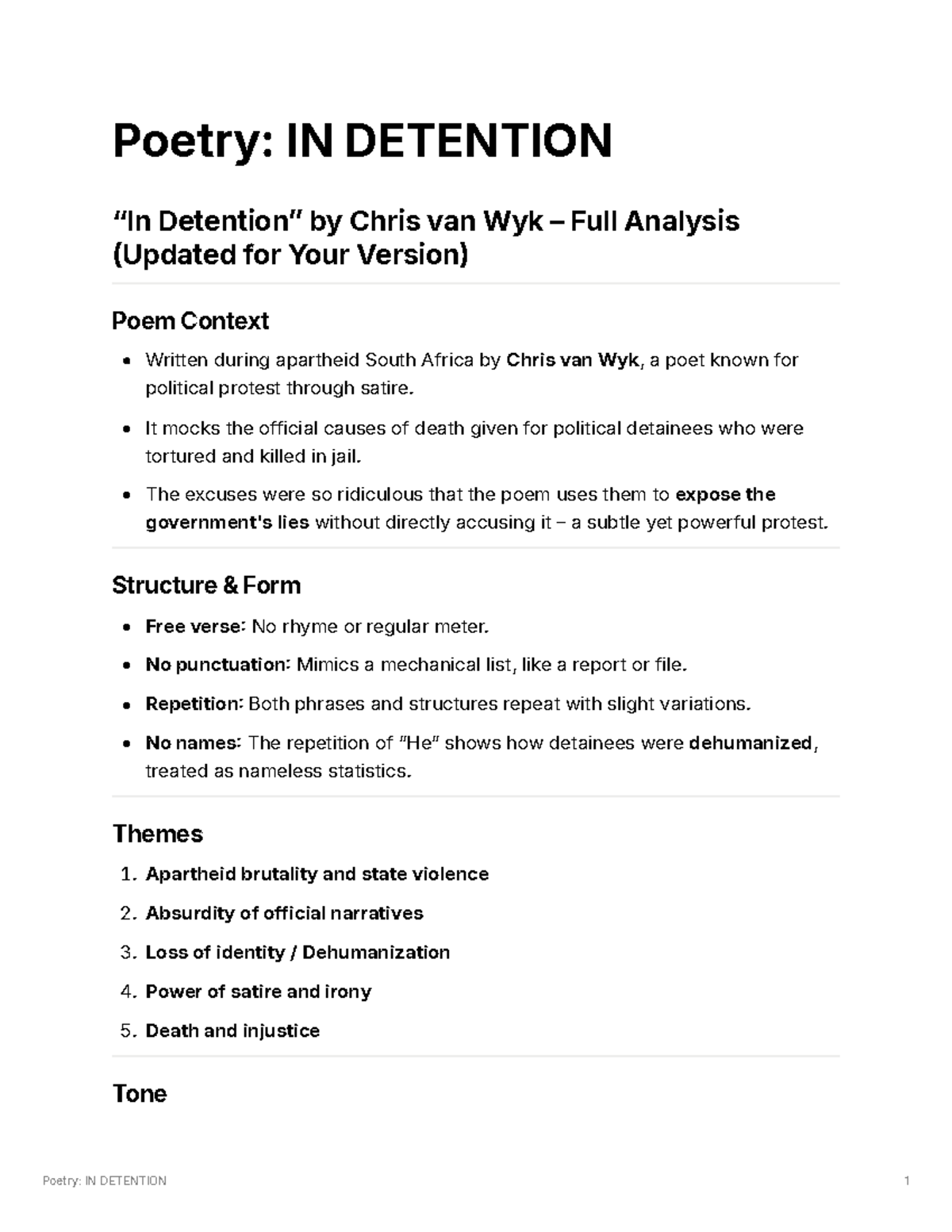 Poetry: IN DETENTION - Full Analysis of Chris van Wyk's Poem - Studocu