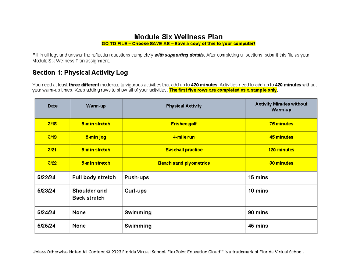 Module 6 Wellness Plan Assignment: Activity Logs & Reflection - Studocu