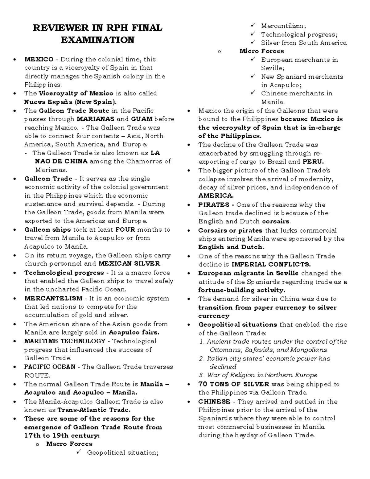 RPH Final Exam Reviewer: Key Concepts on Galleon Trade and Colonial ...